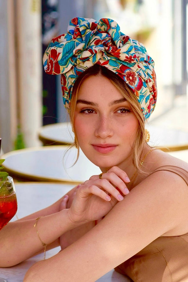 Women's metal rod turban - Blue Flowers – Indira de paris