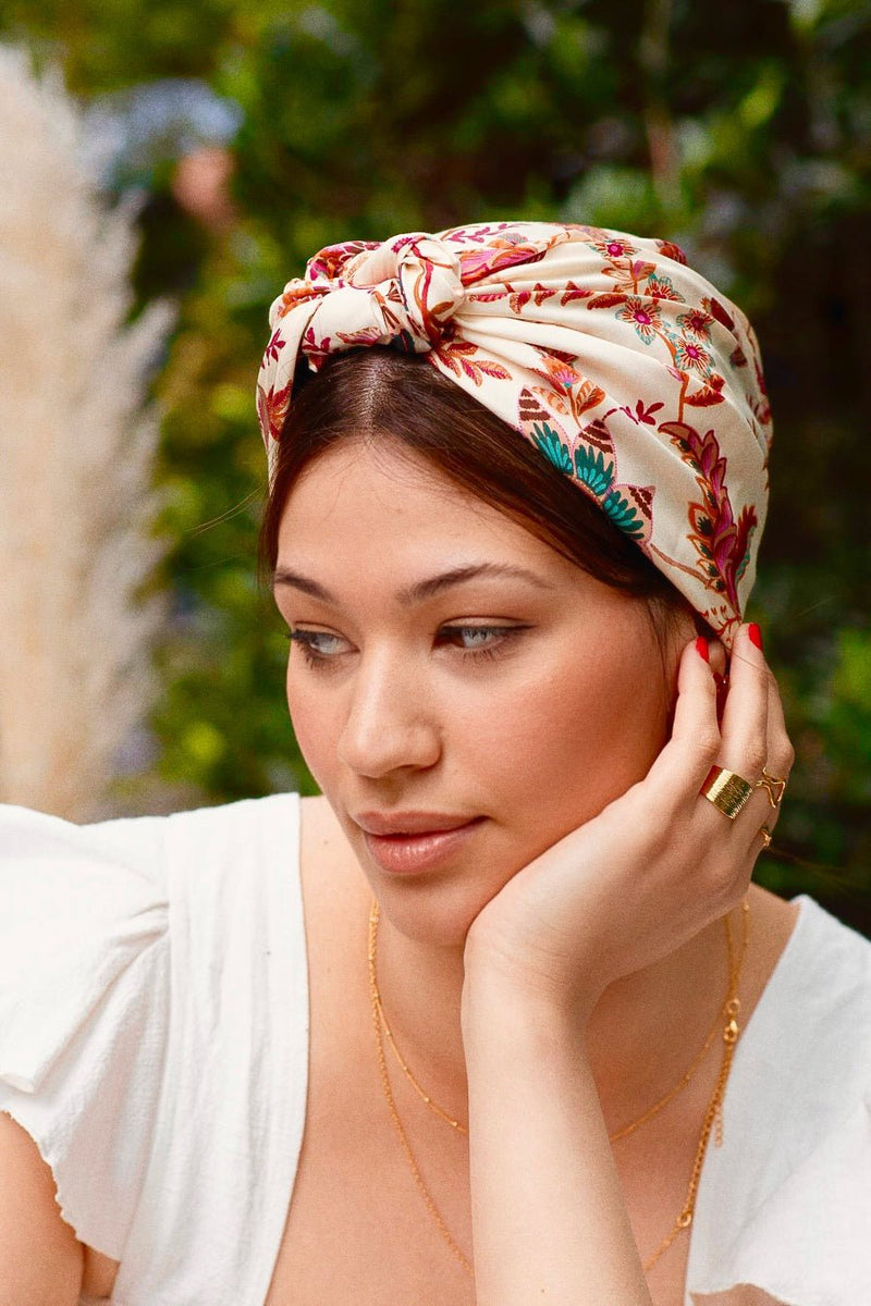 Turban Facile à nouer - Fleurs Rose – Indira de paris