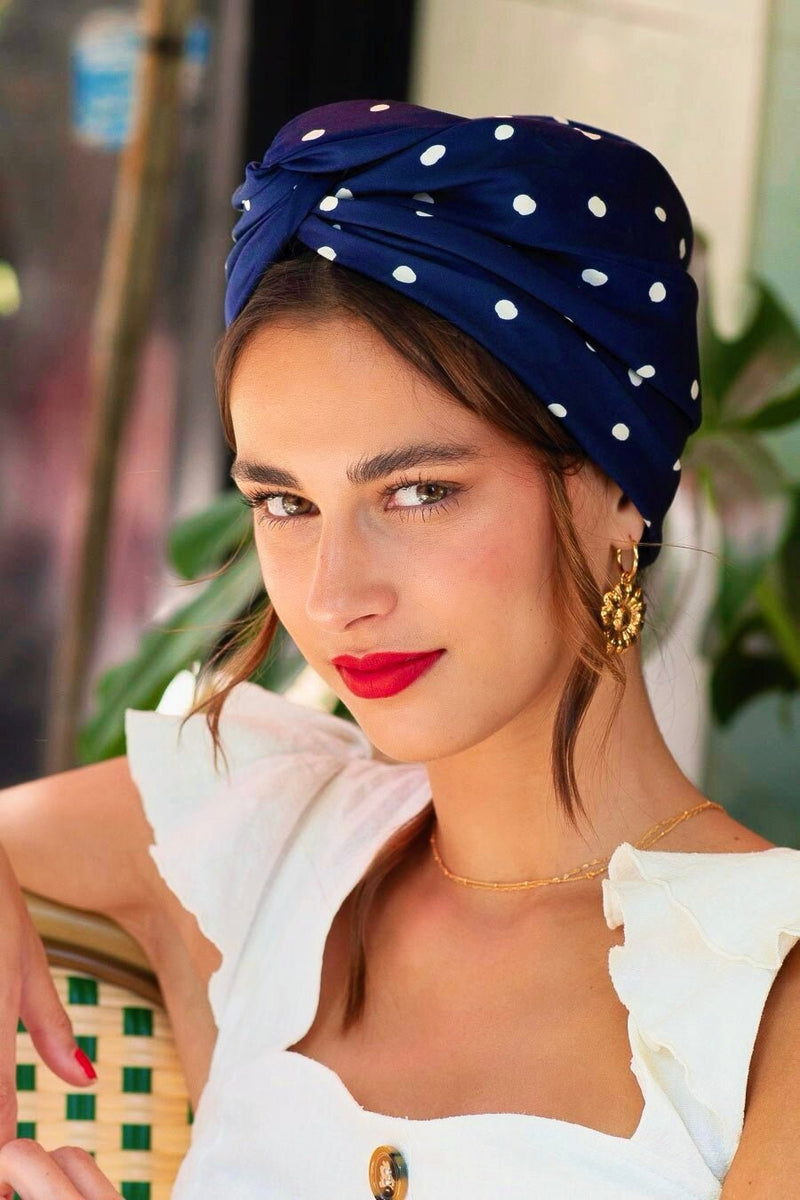 Easy to tie turban - Navy Blue Polka Dots – Indira de paris