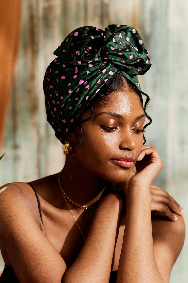 Turban femme tige métal - Motif léopard vert et rose – Indira de paris