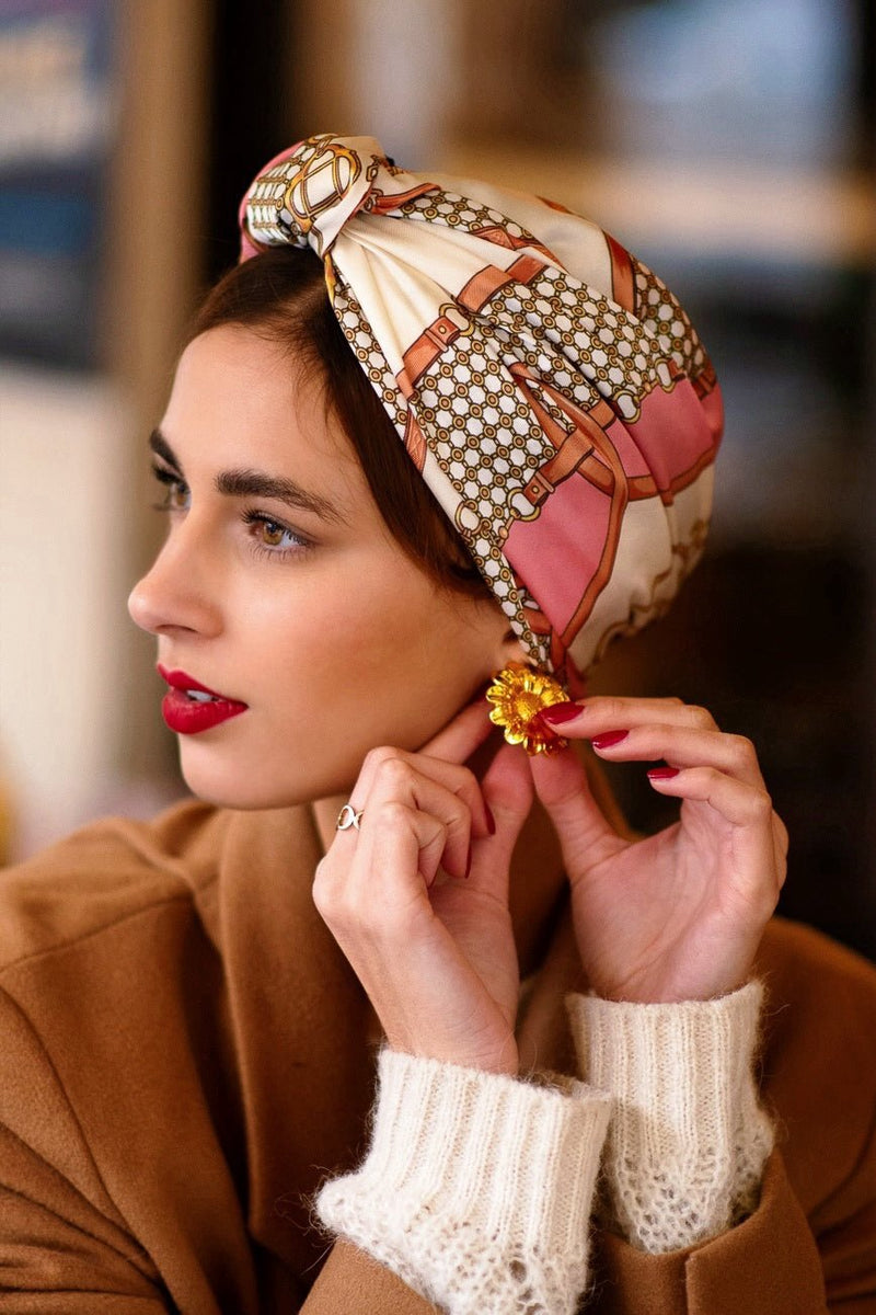 Turban femme - Style rétro - Rose et Beige – Indira de paris