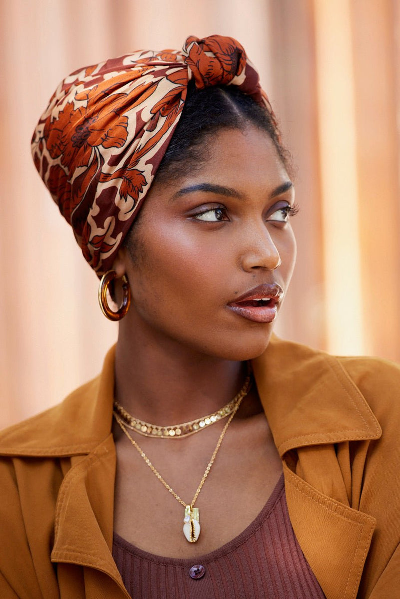 Women's Turban - Retro Style - Brown Floral Pattern – Indira de paris