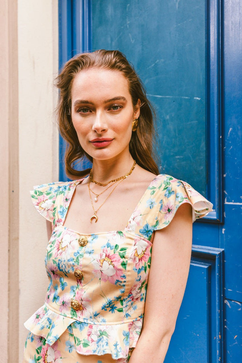 Top en lin à basques encolure carré imprimé fleurs – Indira de paris